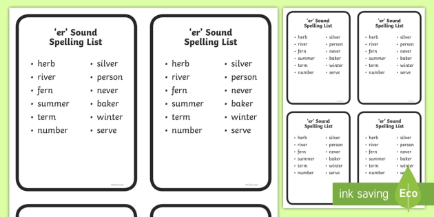 'er' Sound Spelling List Cards (teacher made)