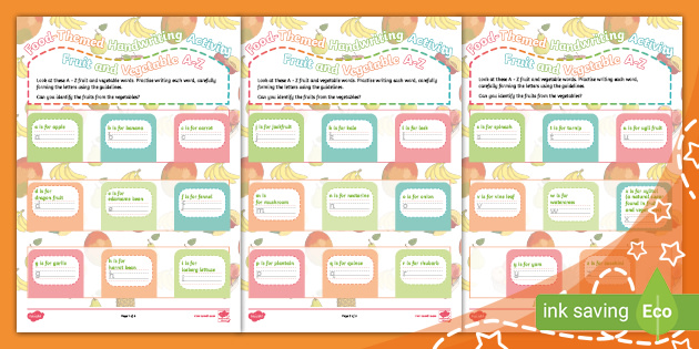 Food-Themed Handwriting Practice - Fruit and Vegetable A to Z