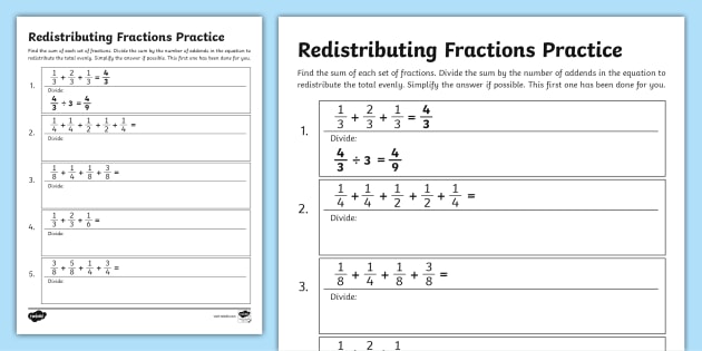 Redistributing Fractions | Practice Worksheet | Twinkl