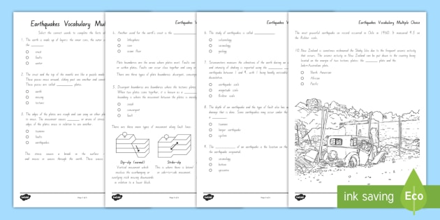 Earthquakes Multiple Choice Activity