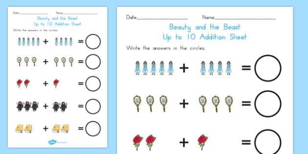 Beauty and the Beast Up to 10 Addition Sheet (teacher made)