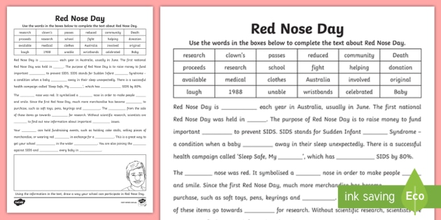 Red Nose Day Cloze Worksheet (teacher made)