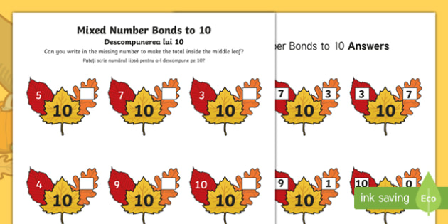 Autumn Leaf Mixed Number Bonds to 10 Worksheet / Worksheet English/Romanian