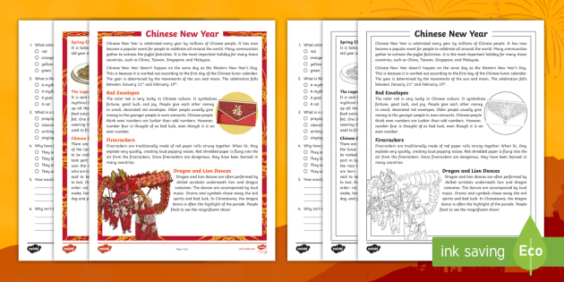 Fourth Grade Chinese New Year Reading Comprehension Activity