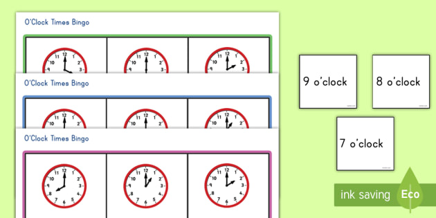 O'Clock Time Bingo - o'clock, bingo, math, time, game, activity