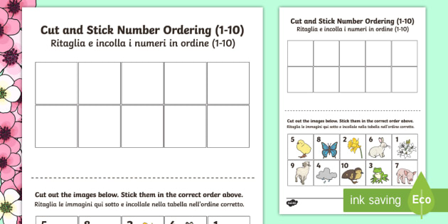 Spring Themed Cut and Stick Number Ordering Sheets 1 to 10 English/Italian