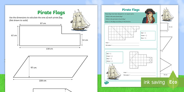 KS2 Summer Themed Area and Perimeter Pirate Flags Worksheets