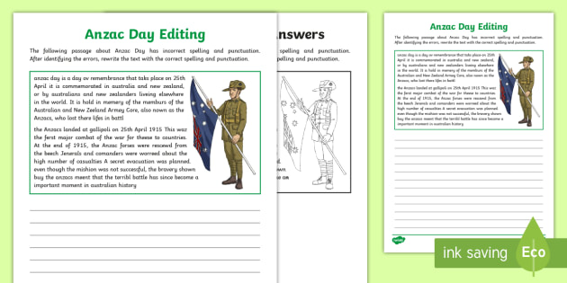 * NEW * Anzac Day Editing Activity Sheet - proof reading, punctuation