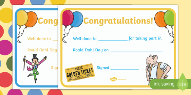 Roald Dahl 100: I Took Part In Roald Dahl Day Certificates