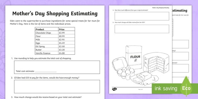Mother's Day Shopping Estimate Problem Worksheets