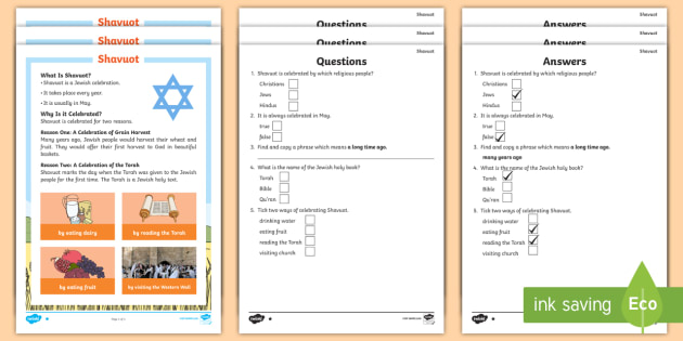 KS1 Shavuot Differentiated Reading Comprehension Activity
