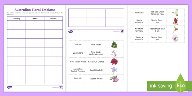 Australian Floral Emblems Cut and Stick Sorting Activity