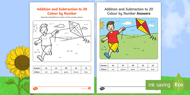 Summer-Themed Addition and Subtraction to 20 Colour By Number Worksheet