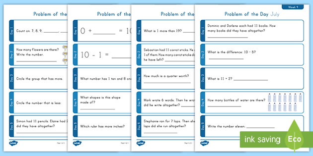 Kindergarten Math Problem of the Day - July Activity