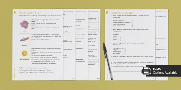 Life Cycle of a Star Reading Comprehension SEND