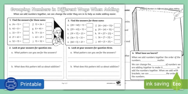 Grouping Numbers in Different Ways When Adding Worksheet