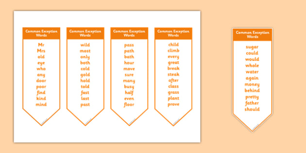 Common Exception Words Year 2 Bookmark Editable