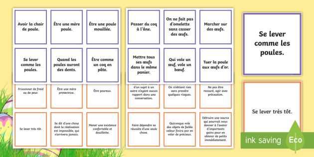 Cartes de vocabulaire : les expressions françaises sur la poule, le coq et