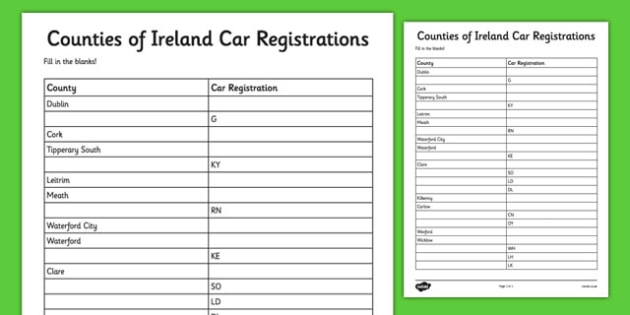 Counties of Ireland Car Registrations Fill in the Blanks Activity