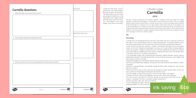 'Carmilla' Comprehension Worksheet / Worksheet - Carmilla, Sheridan Le Fanu