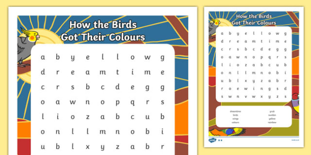Aboriginal Dreamtime How the Birds Got Their Colours Word Search-Australia