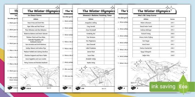 Winter Olympics Ordering Times and Scores (Decimals) Differentiated