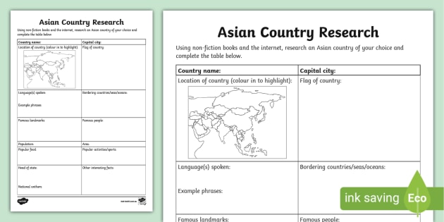 Asian Country Research Worksheet (teacher made)