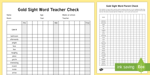 Gold Reading Sight Word Checklist - Literacy, Reading, Gold, Colour Wheel