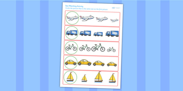 Transport Size Matching Worksheet (teacher made)