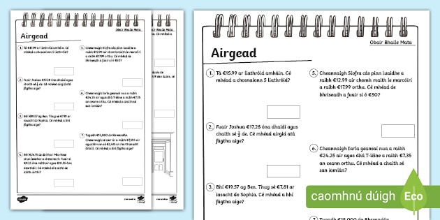 Maths Homework – Money Gaeilge (teacher made)
