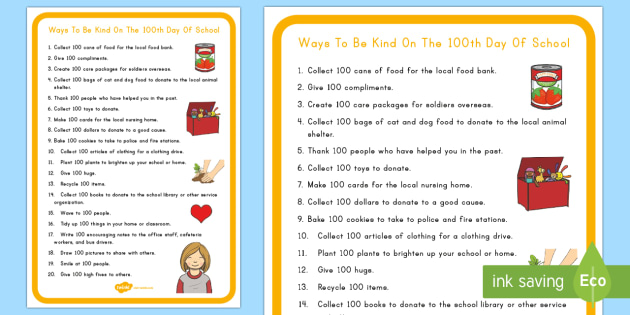 Ways to Be Kind on the 100th Day of School Checklist - 100th Day of School
