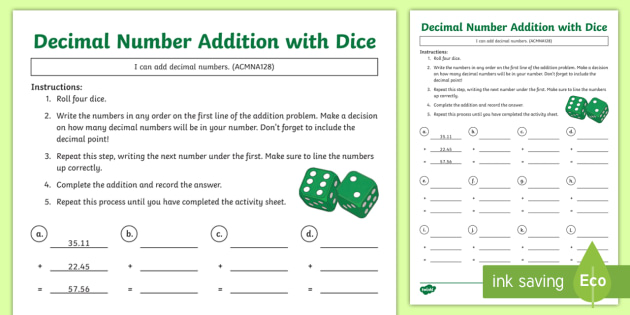 Decimal Number Addition with Dice Worksheet / Worksheet