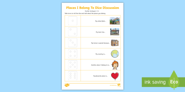 Places I Belong To Dice Roll Discussion Game (teacher made)