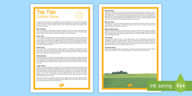 Outdoor Games Parent and Carer Top Tips (teacher made)