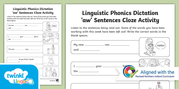 Linguistic Phonics Phase 2 'aw' Dictation Sentences Cloze Activity Sheet