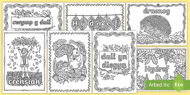 Taflenni Lliwio Ymwybyddiaeth Ofalgar Thema'r Hydref