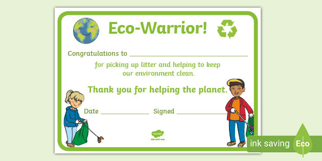 Certificate for Picking Up Litter - Perfect for eco-warriors!