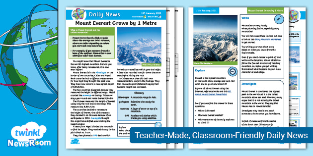 Daily NewsRoom Pack - Mount Everest Grows - Reading Comprehension (ages ...