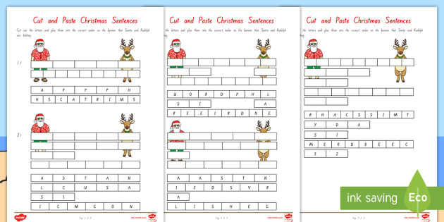 Christmas Cut and Paste Sentence Unscramble (teacher made)