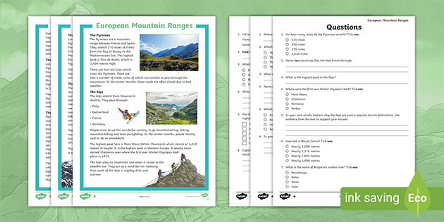 European Mountain Ranges Reading Comprehension Activity - mountains