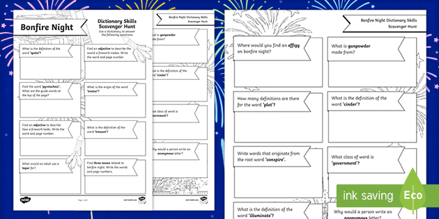 Bonfire Night Dictionary Skills Scavenger Hunt Worksheet