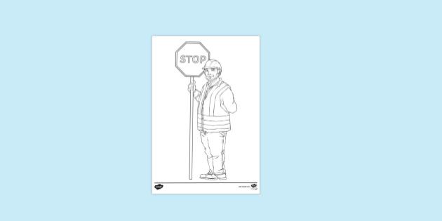 Person Holding a Stop Sign Colouring Sheet | Twinkl