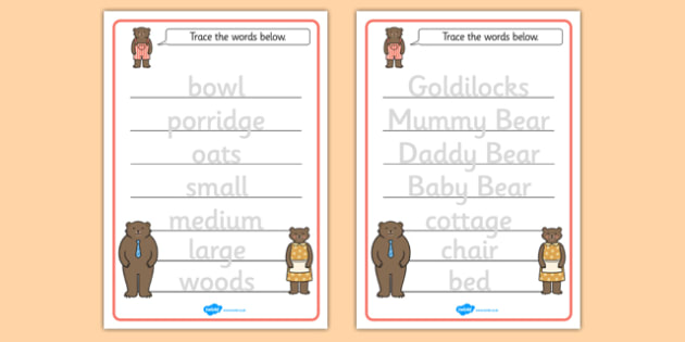 Goldilocks and the Three Bears Trace the Words Worksheets - goldilocks and