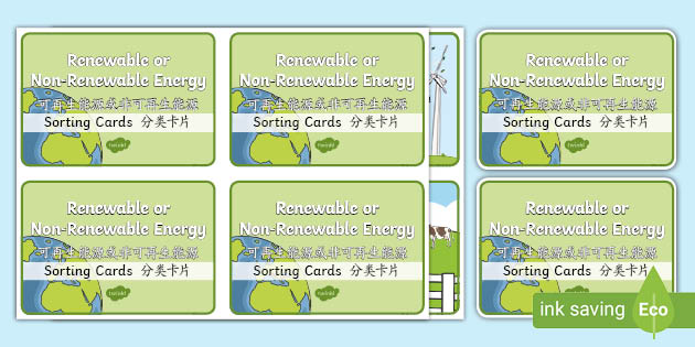Renewable and Non-Renewable Energy Sorting Cards - English/Mandarin Chinese