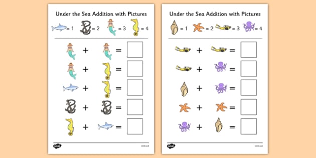 Under the Sea Themed Addition with Pictures Worksheet / Worksheet Pack