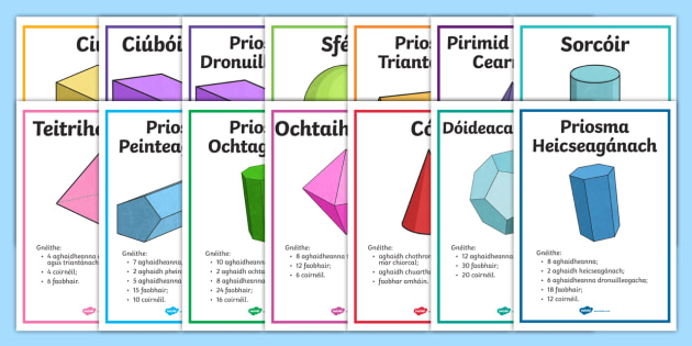 Properties of 3D Shapes Posters Gaeilge (teacher made)