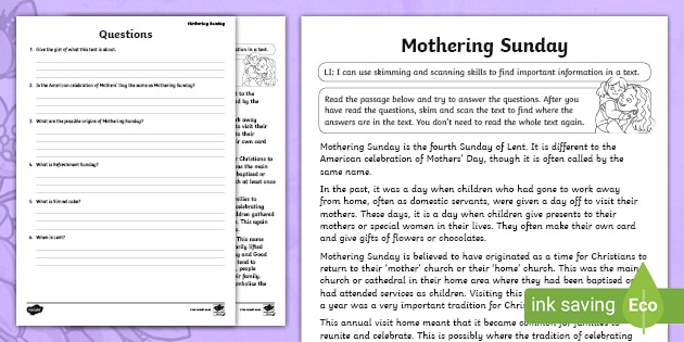 Mothering Sunday Skimming And Scanning Worksheet Worksheet