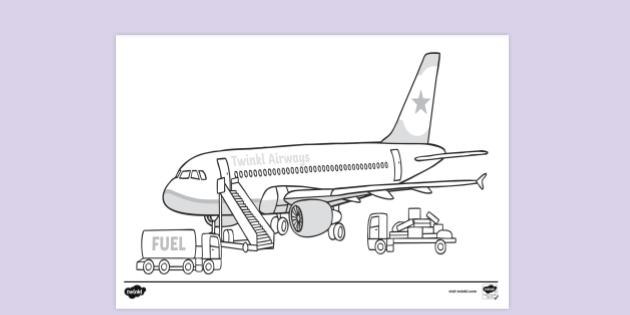 FREE! - Aeroplane With Stairs Fuel Tanker And Baggage Truck Colouring
