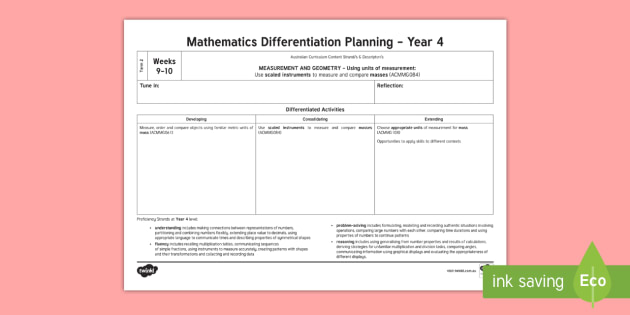 Year 4 Mass Mathematics Differentiated Plan