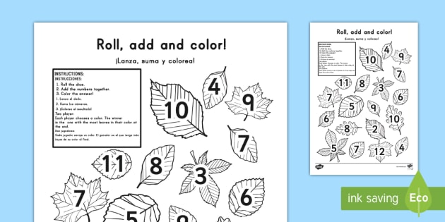 Addition Leaf Roll and Color Dice Addition Activity English/Spanish - Leaf
